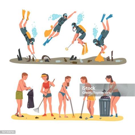 바다와 해변 세트에서 쓰레기를 수집하는 스쿠버 다이버 쓰레기와 바다 또는 바다의 오염 생태 보호 개념 만화 벡터 일러스트 가공의