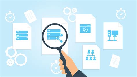 데이터베이스 서버 컴퓨터 파일 문서 연구 벡터 일러스트레이션 검색 아이콘으로 문서작성합니다 파일 및 돋보기 분석 연구 기호입니다 벡터 일러스트레이션 개념에 대한 스톡 벡터