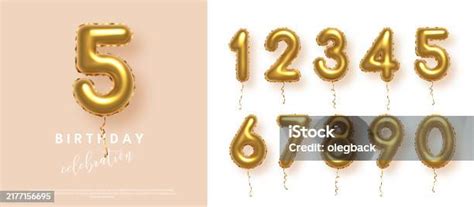 생일 기념일 황금 숫자 숫자 5 템플릿 템플릿 사진 축하 생일 벡터 배경 벽지 파티 초대장 인사말 카드 포스터 이벤트에 대 한 베이지 색에 풍선 형태의 골드 번호 0에 대한
