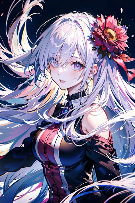 긴 흰 머리와 머리에 꽃을 꽂은 애니메이션 소녀 Seaart Ai