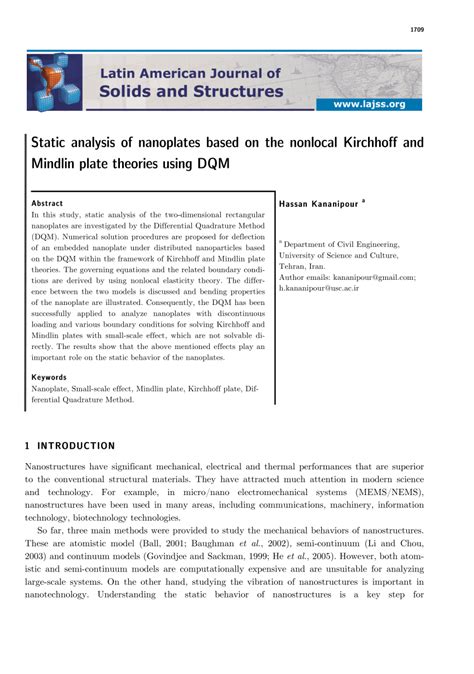 Pdf Static Analysis Of Nanoplates Based On The Nonlocal Kirchhoff And