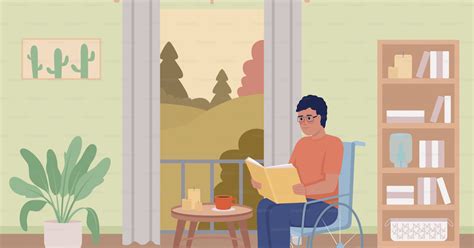 장애가 있는 남자가 평면 컬러 벡터 그림을 읽고 있다 취미와 가정 생활 집에서 휠체어를 탄 남자 배경에 거실이 있는 완전히 편집 가능한 2d 간단한 만화 인테리어 벡터
