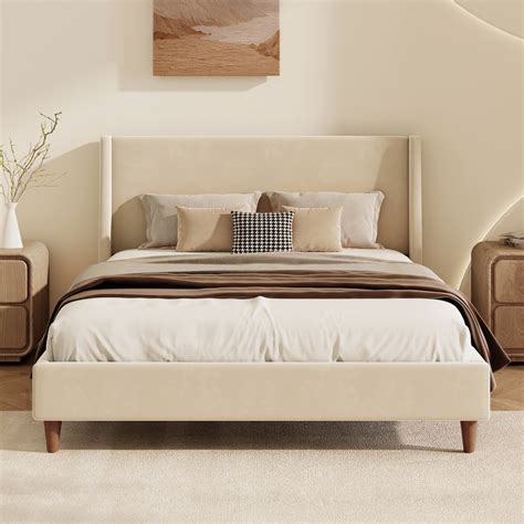 Euroco Upholstered King Size Platform Bed Velvet Bed With Wingback