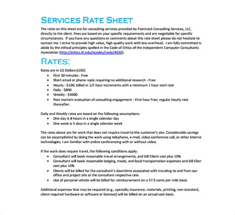 Rate Sheet Sample Free Sheet Templates