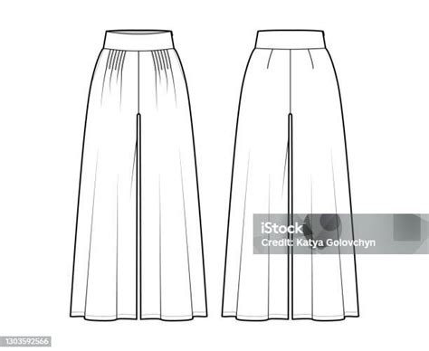 낮은 허리 상승 주름 발목 자른 길이 솔기 포켓이 있는 팬츠 가우초 테크니컬 패션 일러스트 플랫 0명에 대한 스톡 벡터 아트 및