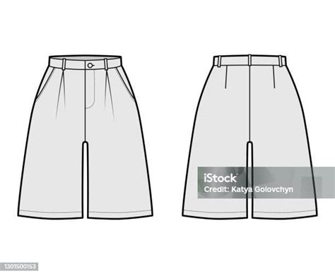 짧은 헐렁한 버뮤다스 드레스 팬츠 테크니컬 패션 일러스트와 무릎 위의 길이 싱글 플리트 일반 허리 0명에 대한 스톡 벡터 아트 및 기타 이미지 Istock