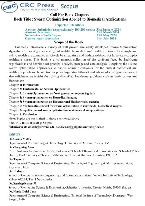 Dr Sandeep Kumar M On Linkedin Call For Book Chapters On Swarm Optimization Applied To
