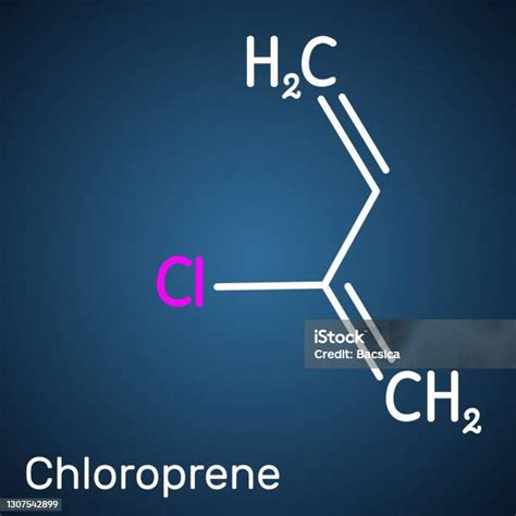 클로로프렌 분자 합성 고무 네오프렌의 일종인 폴리머 폴리클로로프렌의 단량체로 사용되는 클로루엘핀입니다 짙은 파란색 배경의 구조적 화학 포뮬러 0명에 대한 스톡 벡터 아트 및