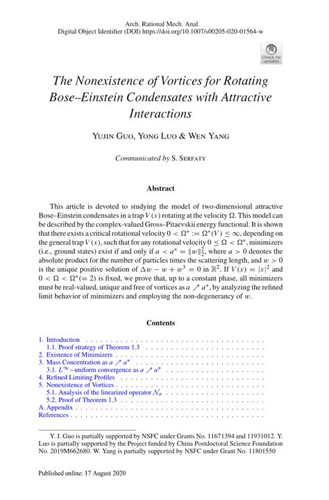 Pdf The Nonexistence Of Vortices For Rotating Boseeinstein Condensates With Attractive