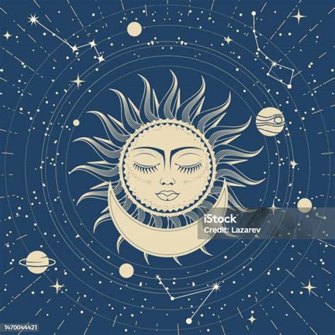 초승달 점성술 우주 궤도에 있는 행성 태양 얼굴과 별자리 타로 마술 벡터 위에 눈을 감고 잠자는 태양 궤도에 대한 스톡 벡터