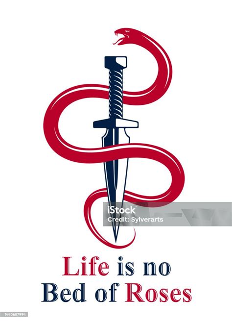 단검은 뱀을 죽이고 뱀을 물리 치며 칼 벡터 빈티지 문신을 감싸고 인생은 싸움 개념이며 삶은 장미 우화 로고 또는 고대 상징의