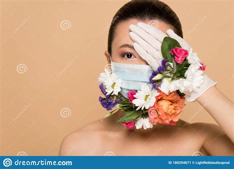 Beautiful Naked Asian Girl In Latex Gloves And Floral Face Mask Closing