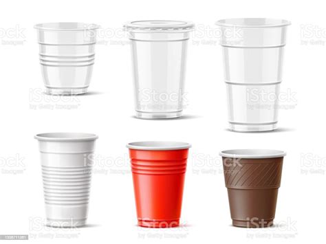 플라스틱 컵 현실적인 투명하고 색상 음료 테이크 아웃 머그잔 뜨거운 차가운 음료 용기 모형 다른 크기 벡터 집합 컵에 대한 스톡 벡터 아트 및 기타 이미지 Istock