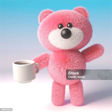 커피 한 잔을 마시는 푹신한 모피와 3d 핑크 테디 베어 캐릭터 3d 그림 테디 베어에 대한 스톡 사진 및 기타 이미지 테디 베어 3차원 형태 개념 Istock