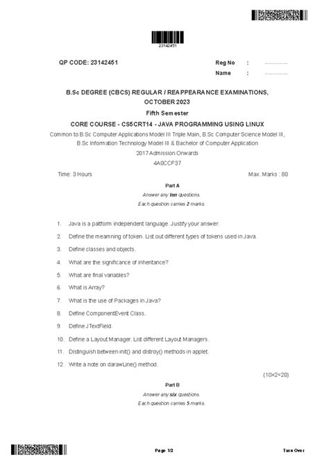 Bca5jpul 2023 Oct Java Programming Using Linux Qp Code 23142451 Reg No