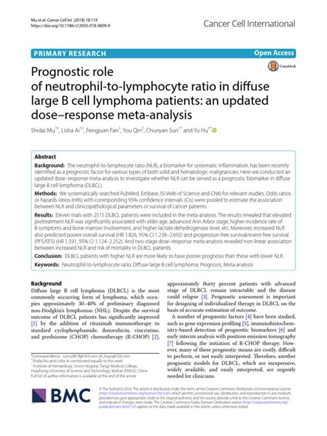 Prognostic Role Of Neutrophil To Lymphocyte Ratio 1 Pdf Lymphoma