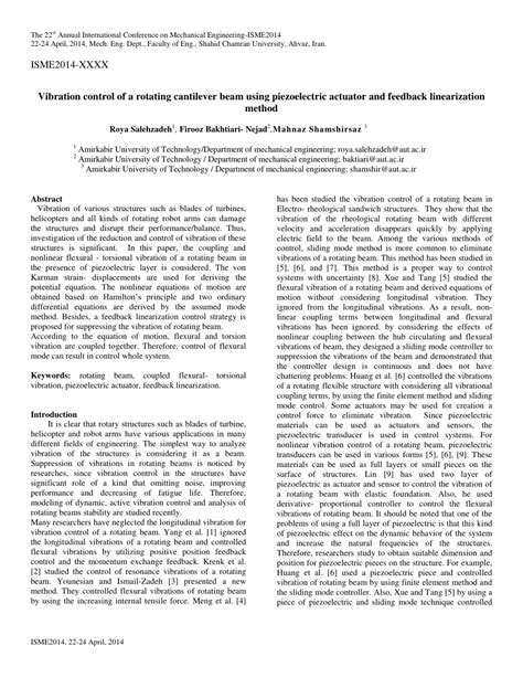 Pdf Vibration Control Of A Rotating Cantilever Beam Using Piezoelectric Actuator And Feedback