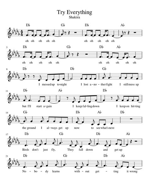 Try Everything Shakira Sheet Music For Piano Solo