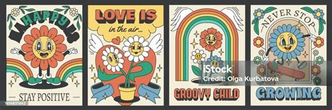 그루비 데이지 꽃 포스터 문구가있는 사이키델릭 카모마일 복고풍 스타일의 얼굴 70 년대 히피 카드 컬렉션 무지개 및 식물 요소 빈티지 프린트 깔끔한 벡터 세트 히피에 대한