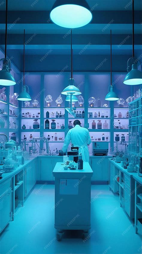 Premium Ai Image A Blue Futuristic Lab With A Man In A White Lab Coat