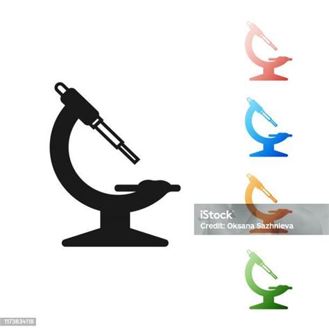 흰색 배경에 격리 된 검은 현미경 아이콘입니다 화학 제약 기기 미생물학 확대 도구 다채로운 아이콘을 설정합니다 벡터 일러스트레이션 개념에 대한 스톡 벡터 아트 및 기타