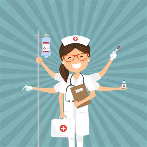 Infirmière Multitâche Personnage Avec Sunburst Vecteur Premium