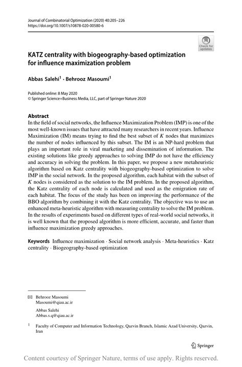 Katz Centrality With Biogeography Based Optimization For Influence