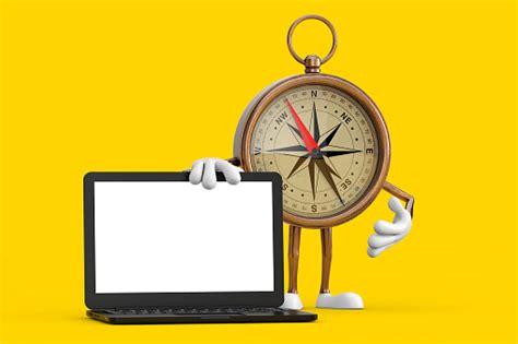 골동품 빈티지 황동 나침반 만화 사람 캐릭터 마스코트 현대 노트북 컴퓨터 노트북 및 빈 화면 디자인 3d 렌더링 3차원 형태에 대한 스톡 사진 및 기타 이미지 Istock