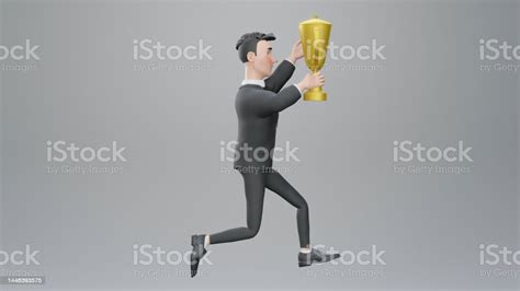 3d 렌더링 황금 트로피를 들고 있는 사업가 트로피를 가진 사업가의 전체 길이 트로피로 축하하는 행복한 사업가 1위에 대한 스톡 사진 및 기타 이미지 Istock
