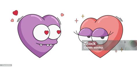 Y2k 캐릭터 하트 사랑에 빠진 남자와 매력적인 여자의 형태로 미친 재미있는 마음의 벡터 그림 1990 1999 년에 대한 스톡 벡터 아트 및 기타 이미지 Istock