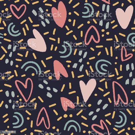 발렌타인 데이 매끄러운 패턴 트렌디 한 평평한 손으로 그려진 하트와 장식적인 사랑 요소 2월에 대한 스톡 벡터 아트 및 기타 이미지 2월 귀여운 낙서 드로잉 Istock