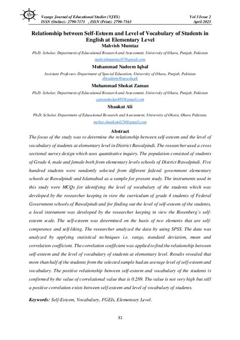 Pdf Relationship Between Self Esteem And Level Of Vocabulary Of