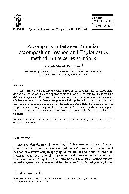 Pdf A Comparison Between Adomian Decomposition Method And Taylor Series Method In The Series