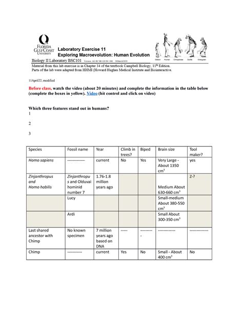 Lab Human Evolution April April Modified Before Class Watch The Video About