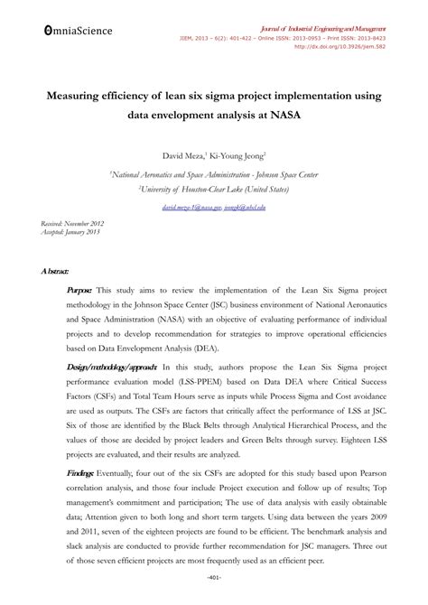 Pdf Measuring Efficiency Of Lean Six Sigma Project Implementation Using Data Envelopment