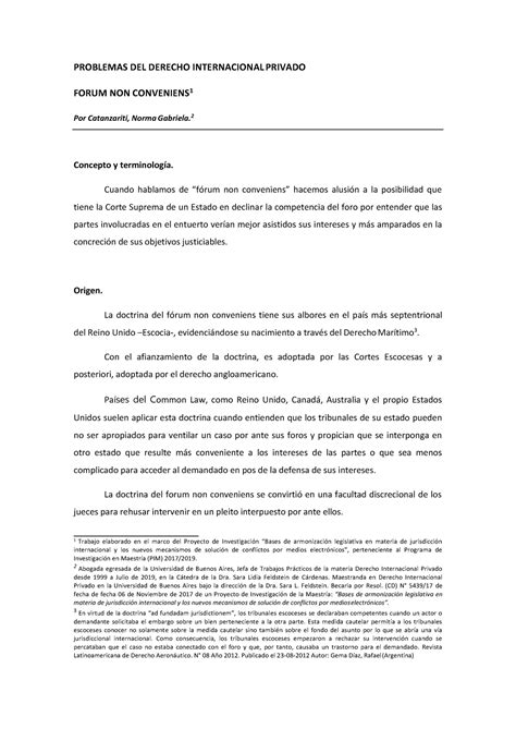 Forum Non Conveniens Dra Catanzariti Problemas Del Derecho