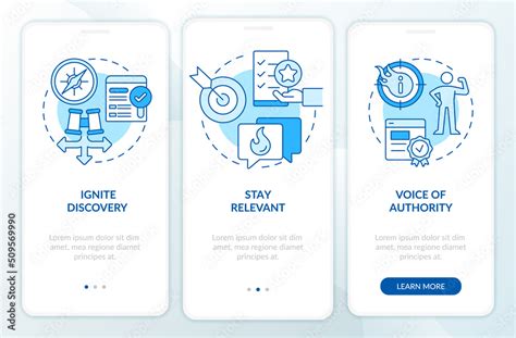 Search Engine Optimization Pillars Blue Onboarding Mobile App Screen Walkthrough 3 Steps