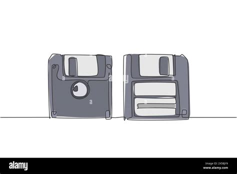 One Single Line Drawing Of Retro Old Classic 3 5 Inch Floppy Disk Front And Back Side Vintage