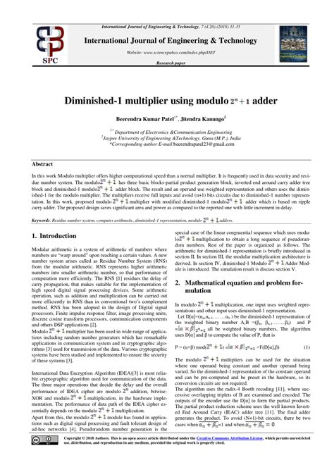 Pdf Diminished 1 Multiplier Using Modulo 2 N 1 Adder