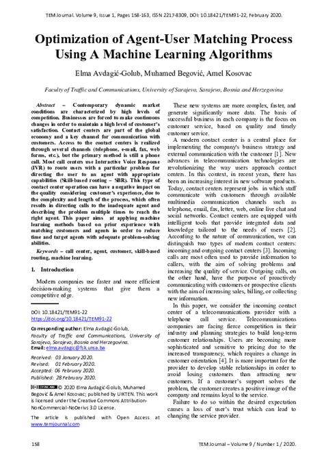 Pdf Optimization Of Agent User Matching Process Using A Machine Learning Algorithms
