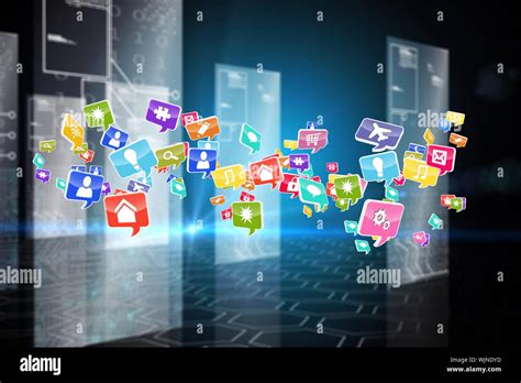 Colourful Computer Applications Against Hologram On Black Background With Hexagon Pattern Stock