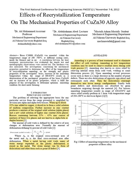 Effects Of Recrystallization Temperature On Cuzn30 Pdf Heat Treating Plasticity Physics