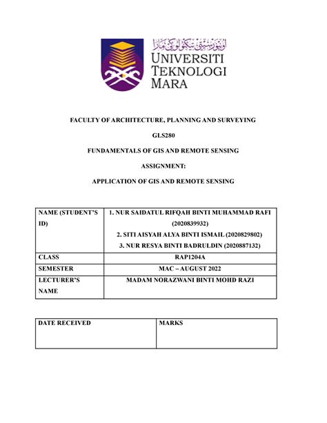 Assignment Gls280 Gis And Remote Sensing Faculty Of Architecture Planning And Surveying Gls