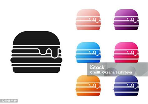 흰색 배경에 격리 된 블랙 버거 아이콘 햄버거 아이콘 치즈버거 샌드위치 사인 패스트 푸드 메뉴 다채로운 아이콘을 설정합니다 벡터