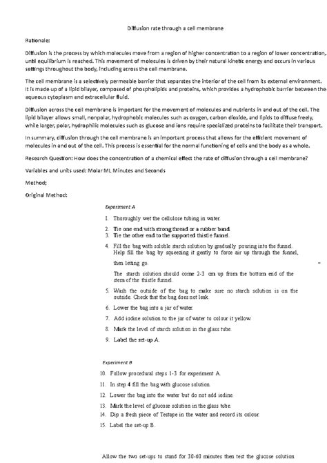 Student Experiment Draft Diffusion Rate Through A Cell Membrane Rationale Diffusion Is The