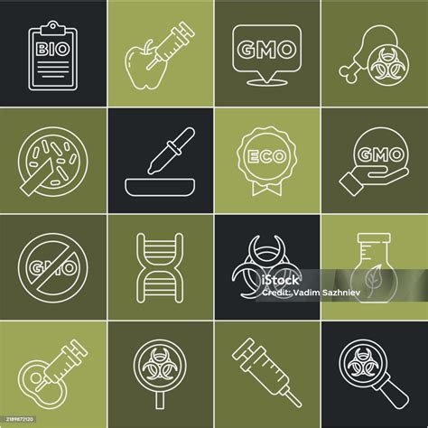 세트 라인 생물학적 위험 및 돋보기 시험관 플라스크 Gmo 피펫 박테리아가 있는 페트리 접시 바이오 건강 식품 문서 및 라벨 에코 아이콘 벡터 0명에 대한 스톡 벡터 아트
