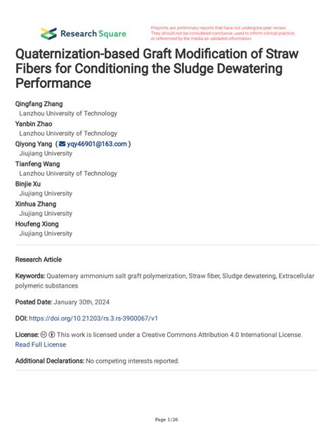 Pdf Quaternization Based Graft Modification Of Straw Fibers For Conditioning The Sludge