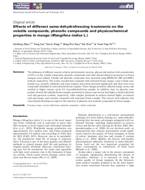 Pdf Effects Of Different Osmo Dehydrofreezing Treatments On The Volatile Compounds Phenolic