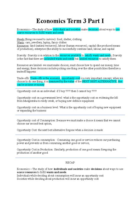 ECON Notes Economics Term Part I Economics The Study Of How Individuals And Societies Make