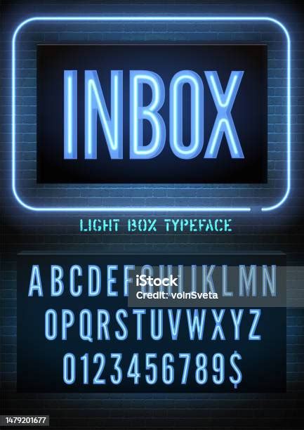 어두운 벽돌 벽 배경에 파란색 네온 상자 알파벳이 있는 받은 편지함 기호 야간 조명 상자 빛나는 효과 숫자와 좁은 글꼴 벡터